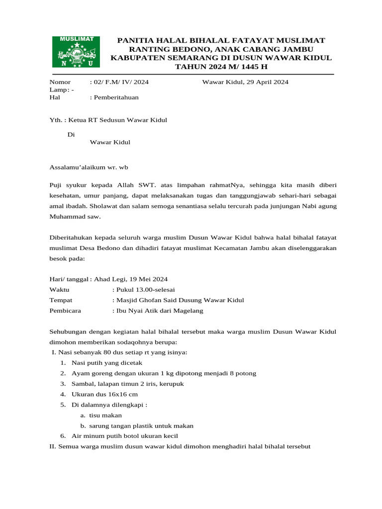 Panitia Halal Bihalal Fatayat Muslimat | PDF