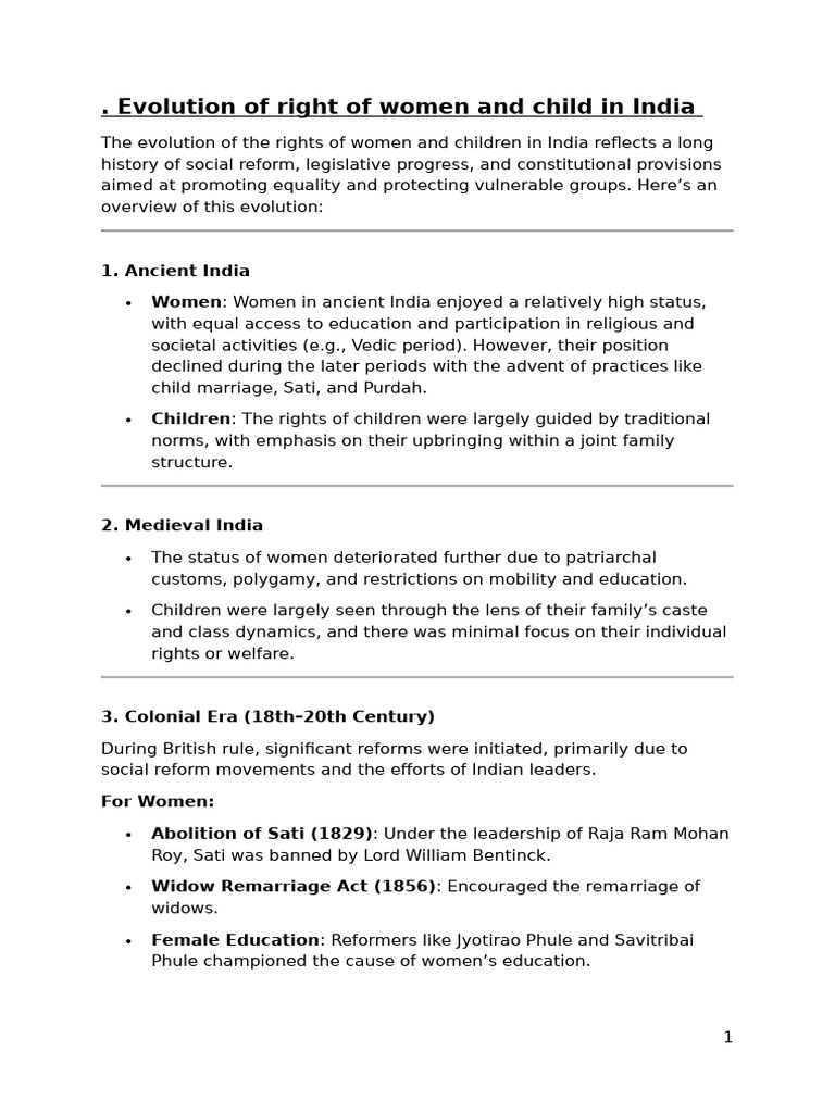 Evolution of Right of Women and Child in India | PDF | Gender Equality ...