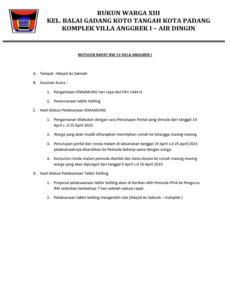 Notulen, Hasil Keputusan Rapat Perangkat RW, RT Di Masjid As Sakinah ...