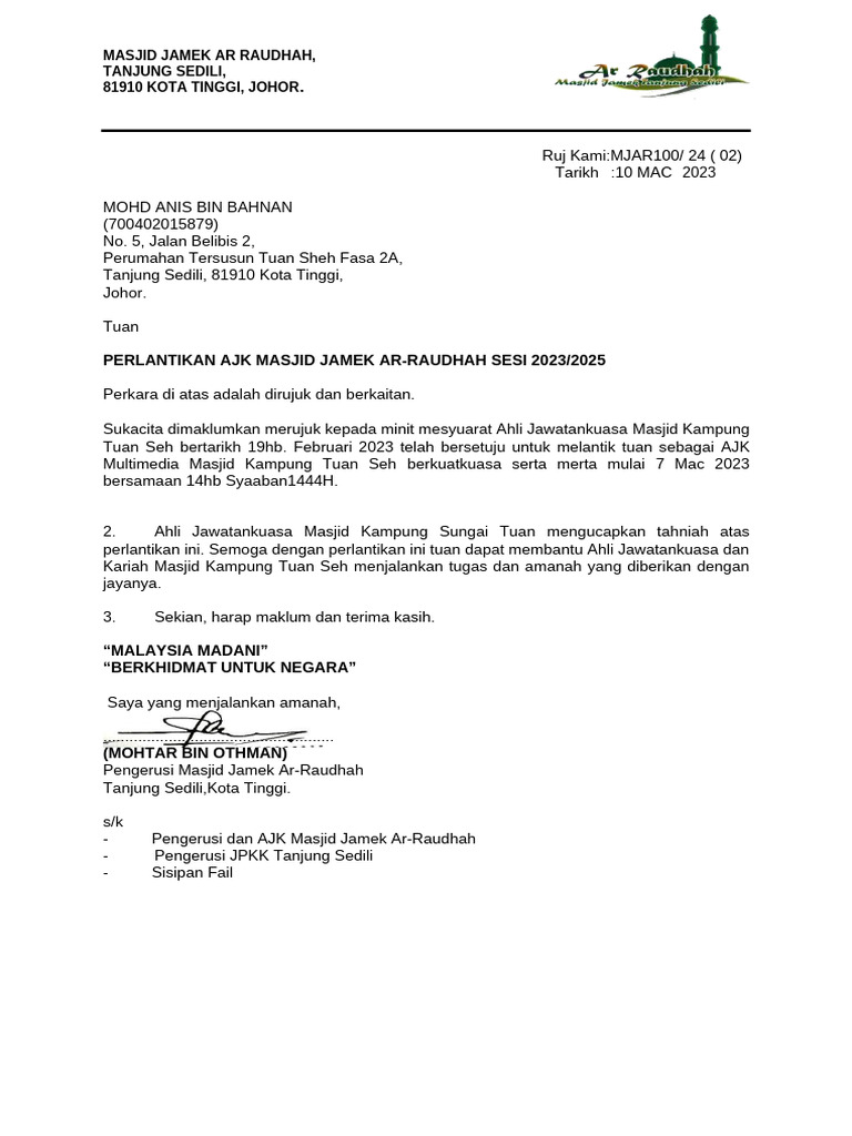 Surat Lantikan Ajk Masjid Ar Raudhah | PDF