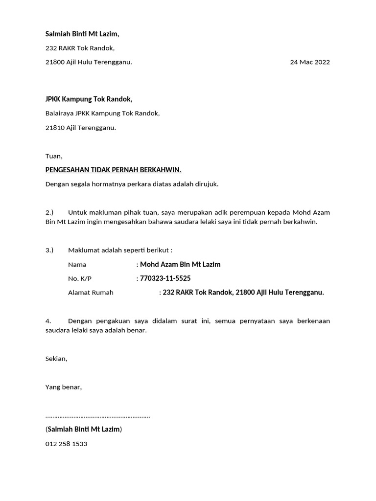 Surat Perakuan Tidak Pernah Berkahwin | PDF