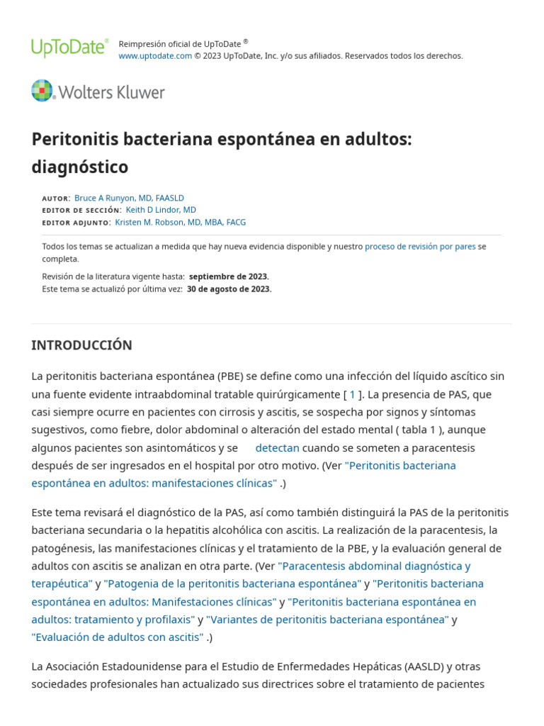 Peritonitis Bacteriana Espontánea en Adultos - Diagnóstico - UpToDate ...