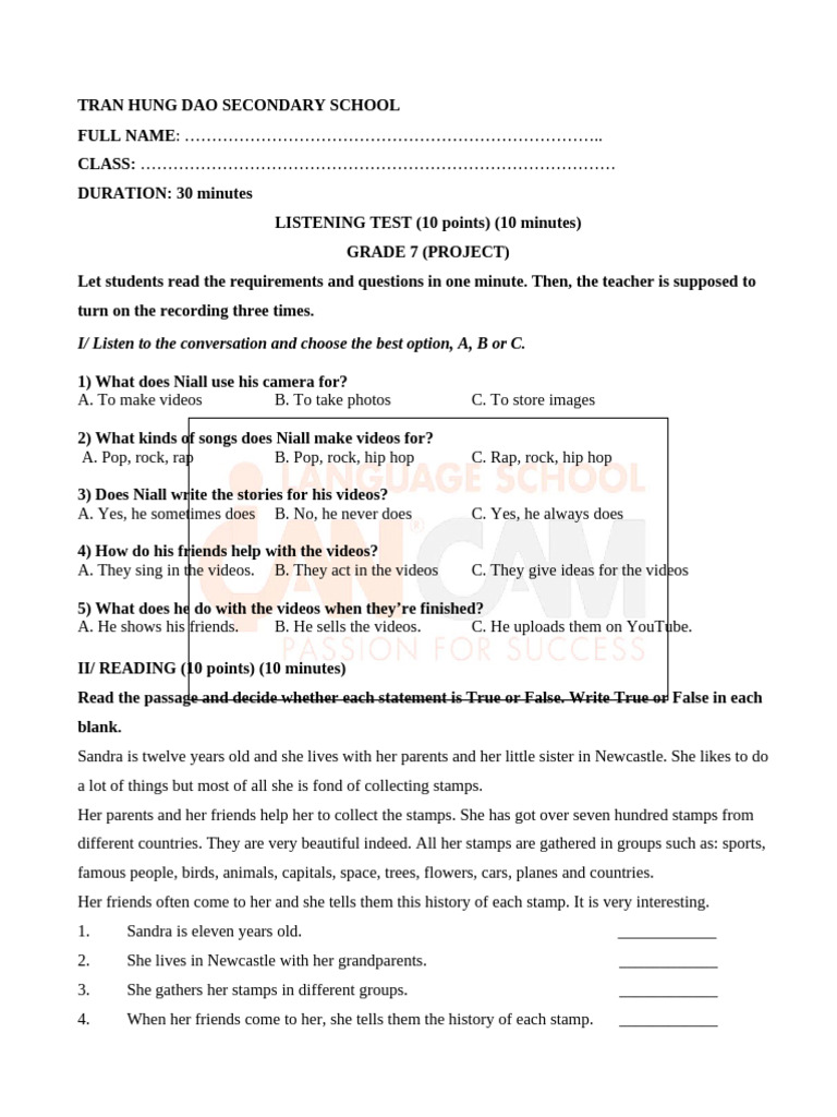 Grade 7 Listening and Reading Test | PDF