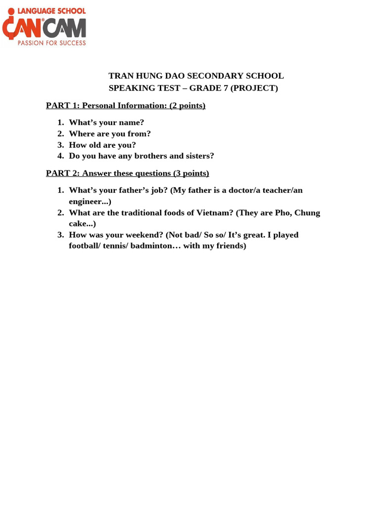 Speaking Test (Project) - Grade 7 | PDF