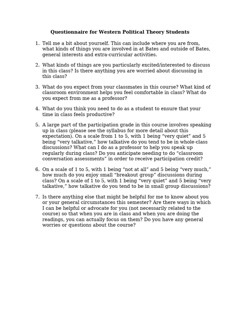Student Questionnaire for Western Political Theory (1) (1) | PDF