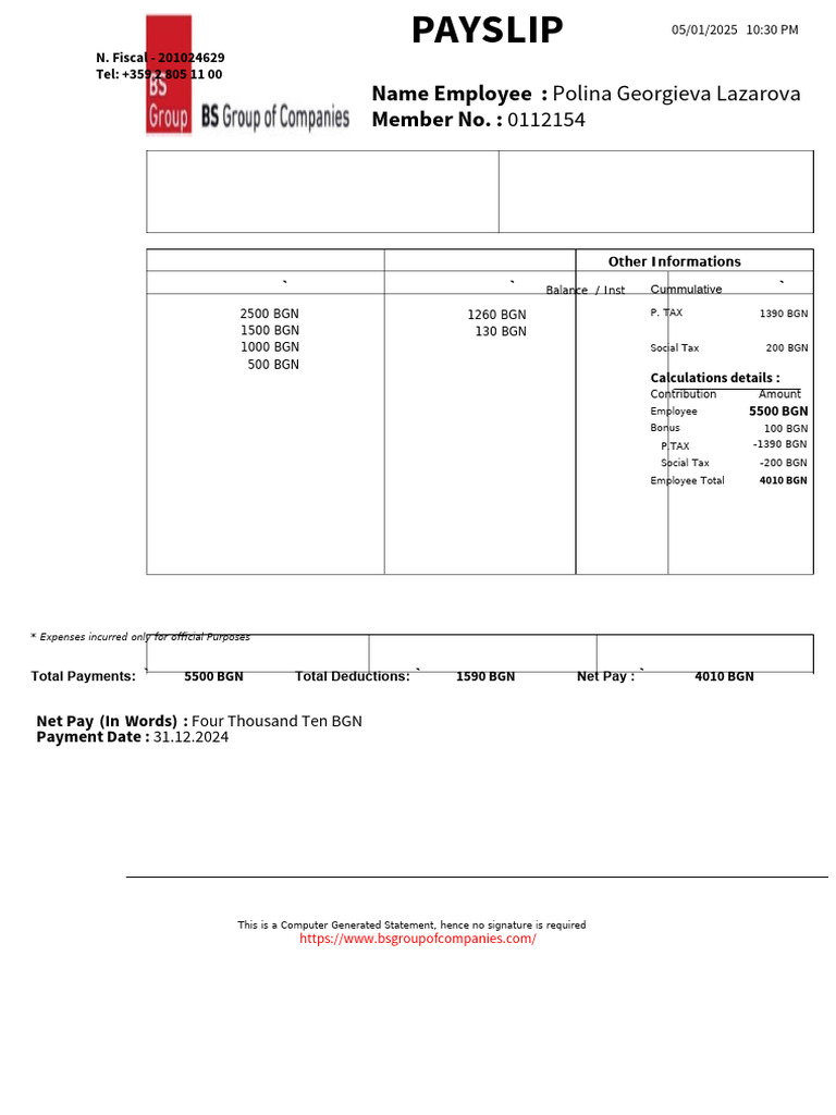 Payslip Lazarova | PDF | Taxes | Government Finances