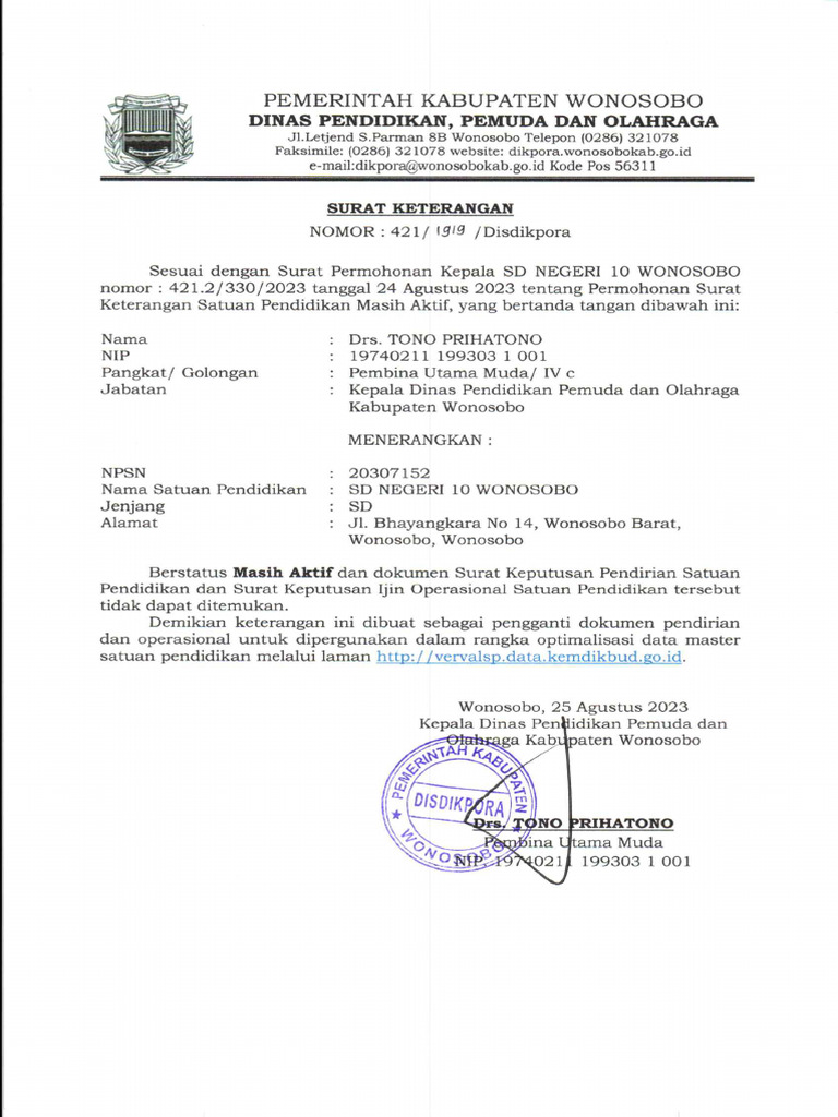 Surat Keterangan Ijin Operasional Sekolah | PDF