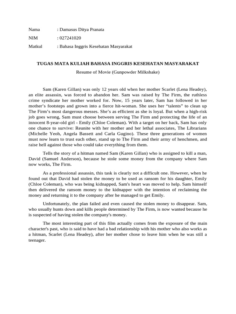 Tugas Resume of Movie (Gunpowder Milkshake) Dan Terjemahan - Damasus Ditya Pranata - 027241020 | PDF