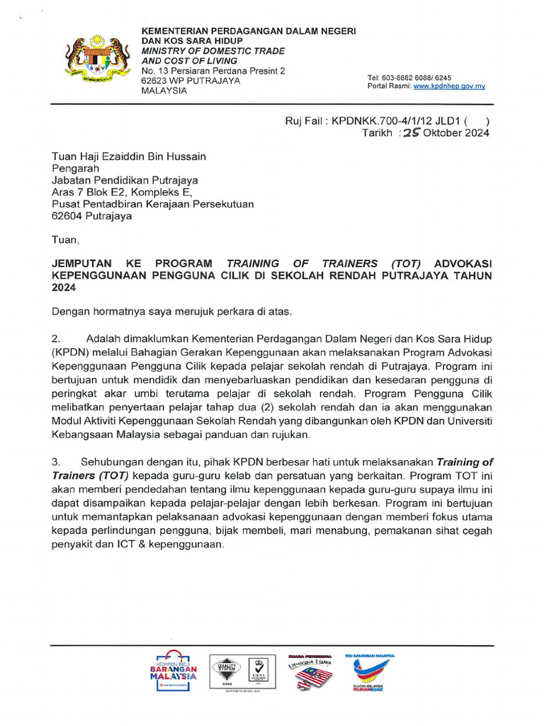 Surat Jemputan Training of Trainer Program Pengguna Cilik Sekolah ...