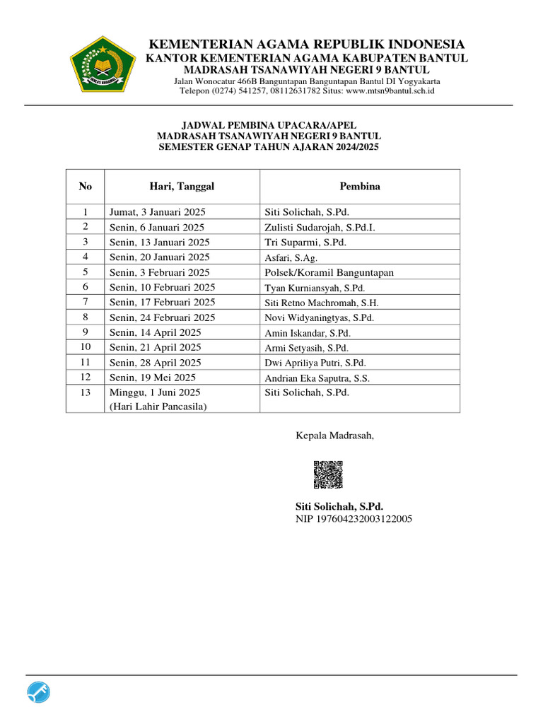 Jadwal Pembina Upacara Semester Genap 2024-2025 | PDF