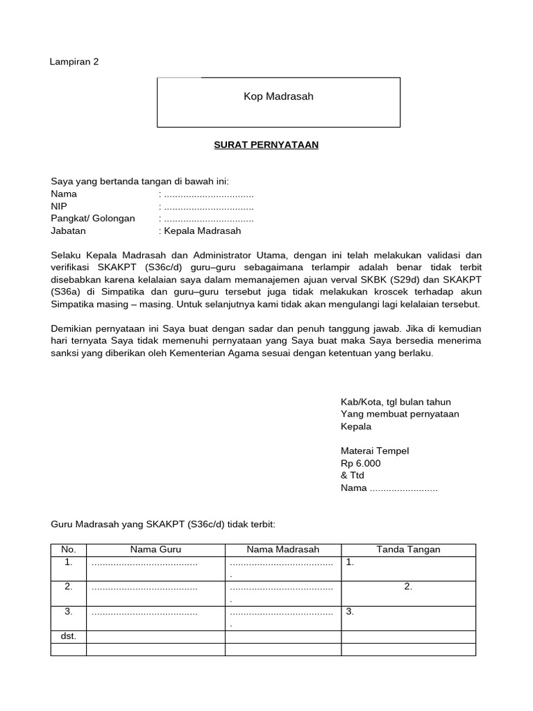 Surat Pernyataan Kamad Telat Verval | PDF