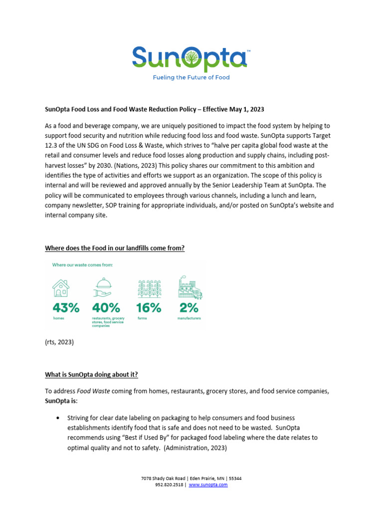 Food Loss and Waste Reduction Policy Final May 1 2023 | PDF | Waste
