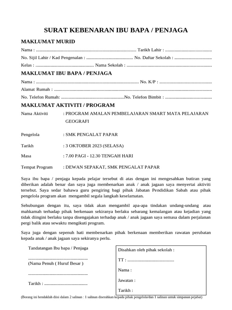 Surat Kebenaran Ibu Bapa | PDF