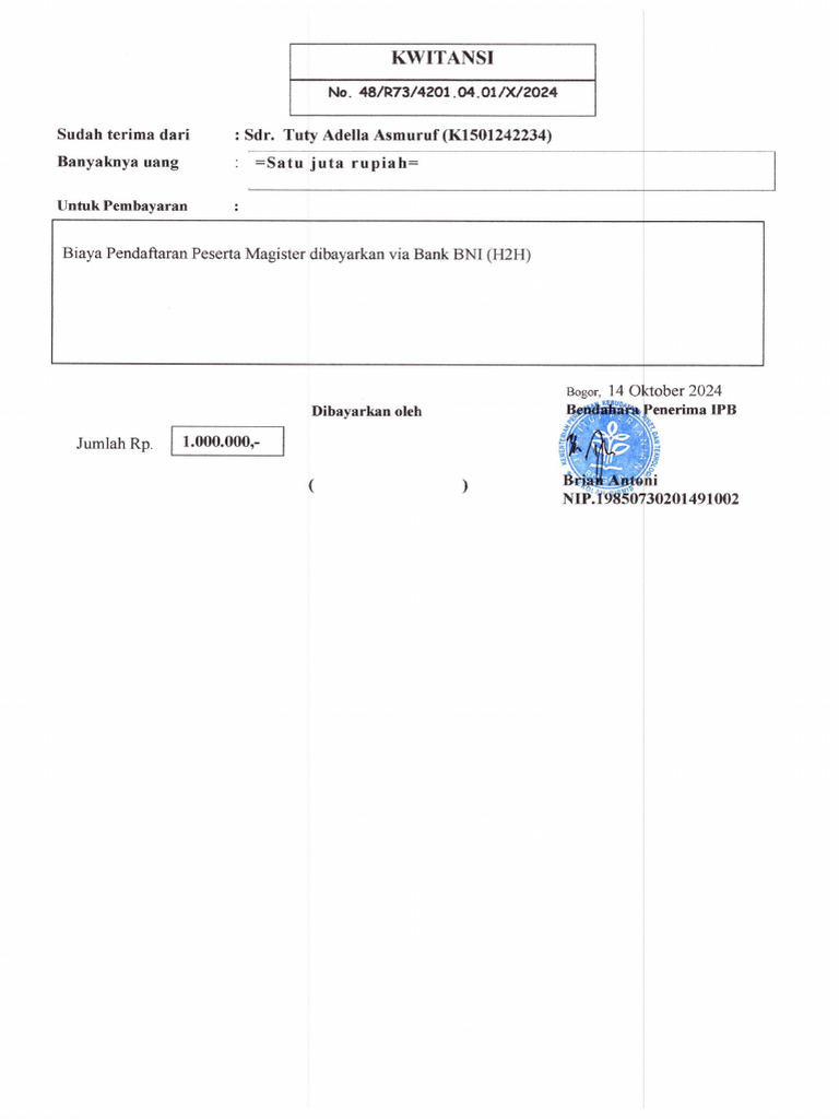 Kwitansi Pendaftaran Tuty Adella Asmuruf[1] | PDF