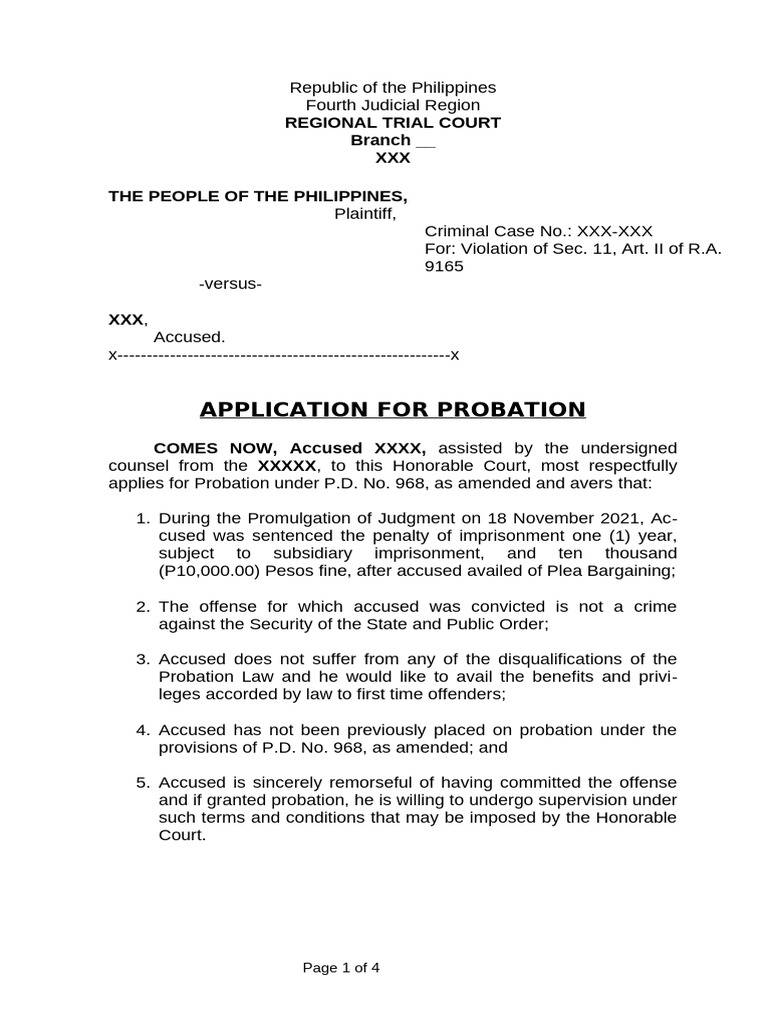 Application For Probation Sample | PDF | Probation | Legal Procedure
