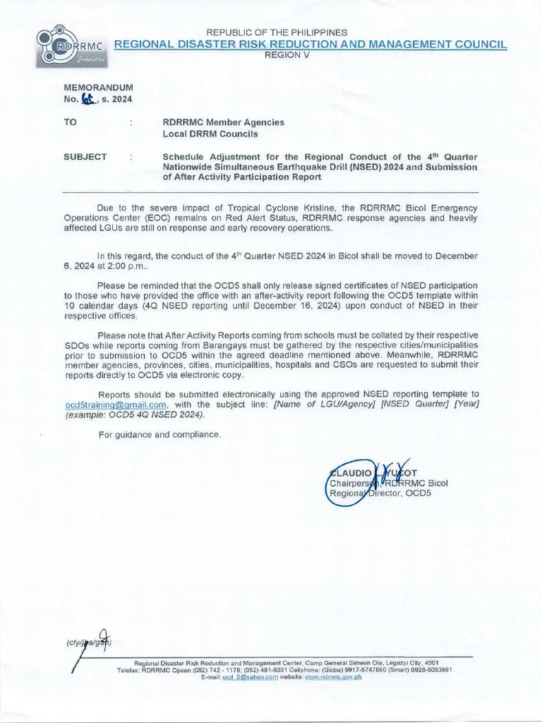 RDRRMC Memo No. 65 S 2024 - Schedule Adjustment For The Regional ...