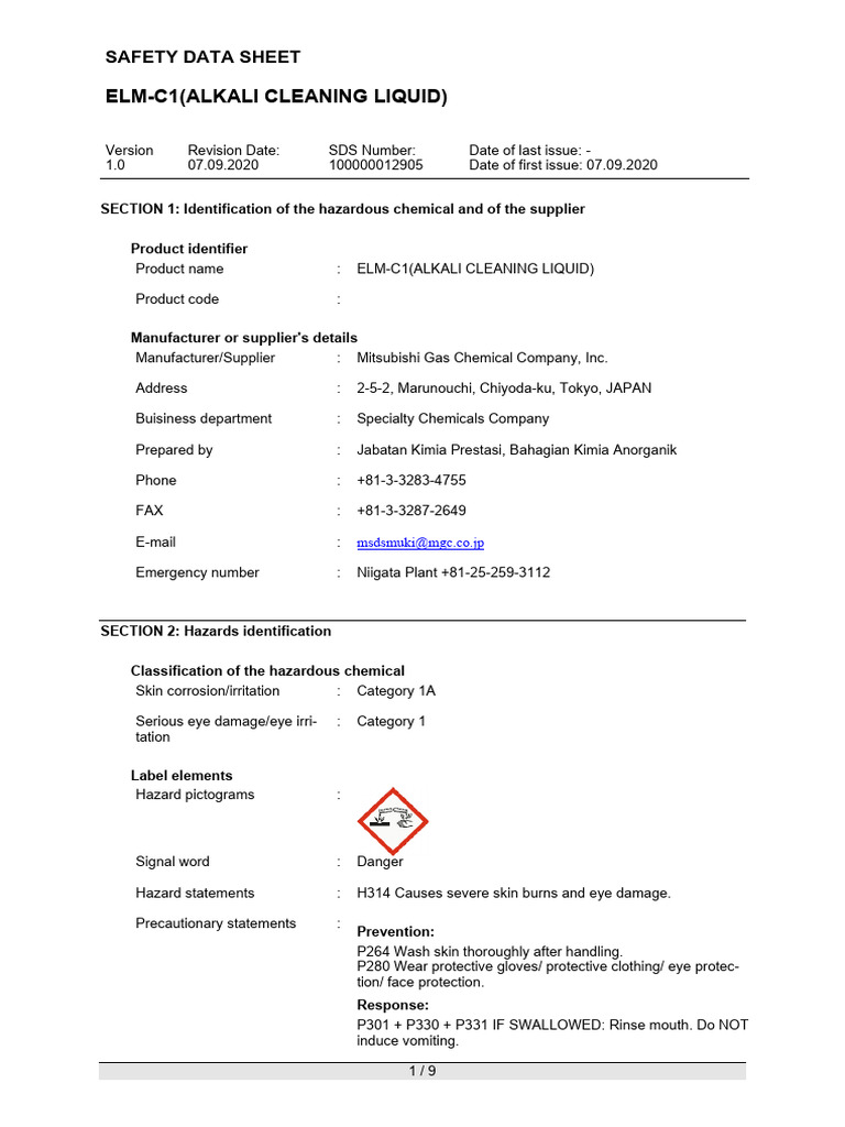 SDS-100250666 - Elm-C1 (Alkali Cleaning Liquid) - en | PDF | Dangerous ...