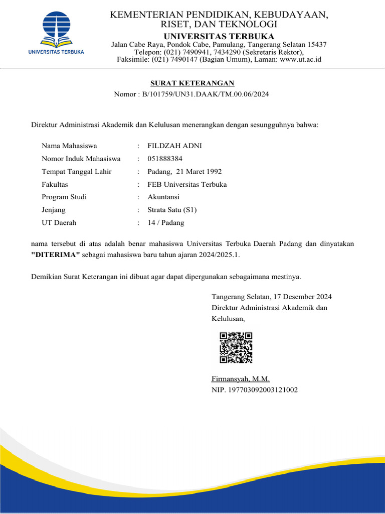 Surat Keterangan Diterima | PDF