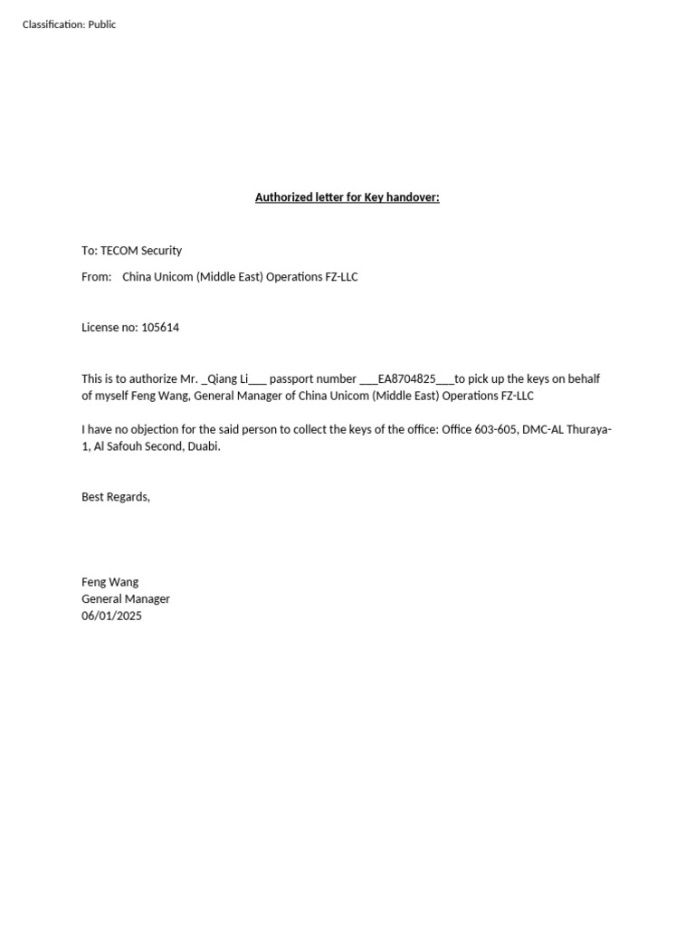 Authorized Letter For Key Handover | PDF