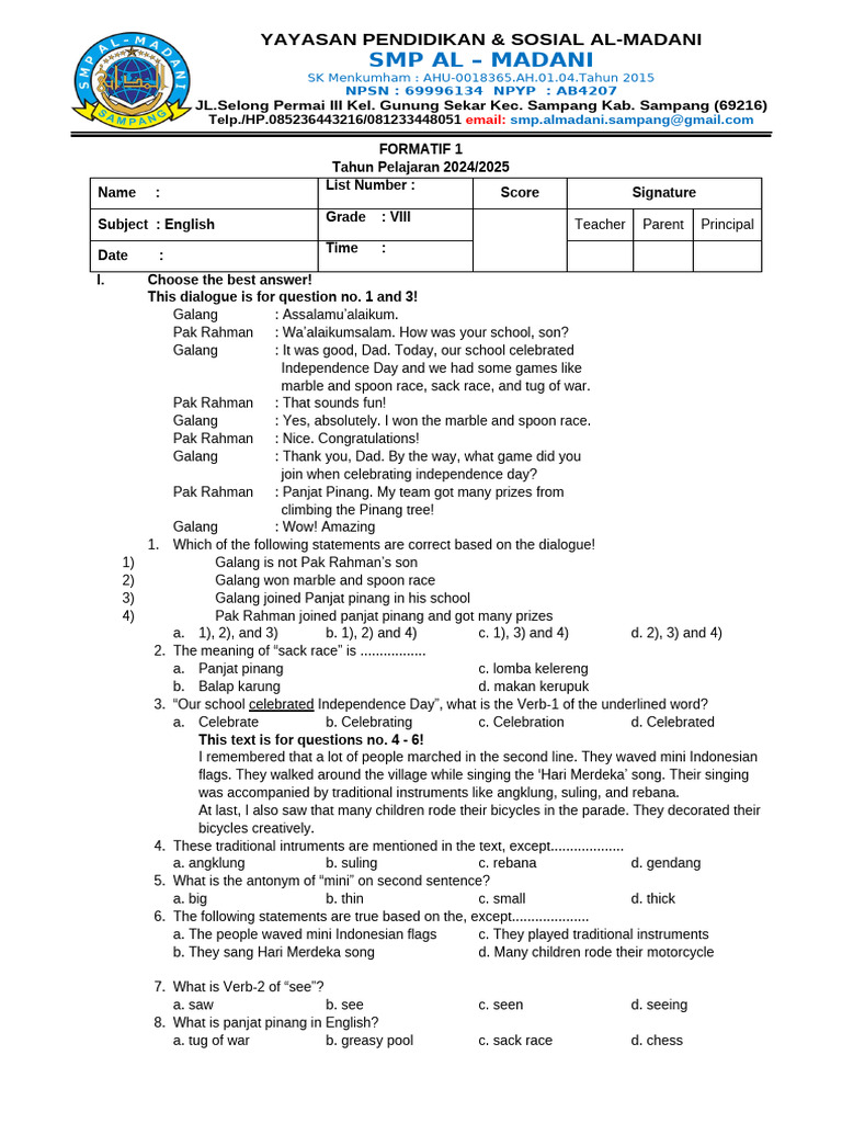 Formatif 1 8th Grade | PDF