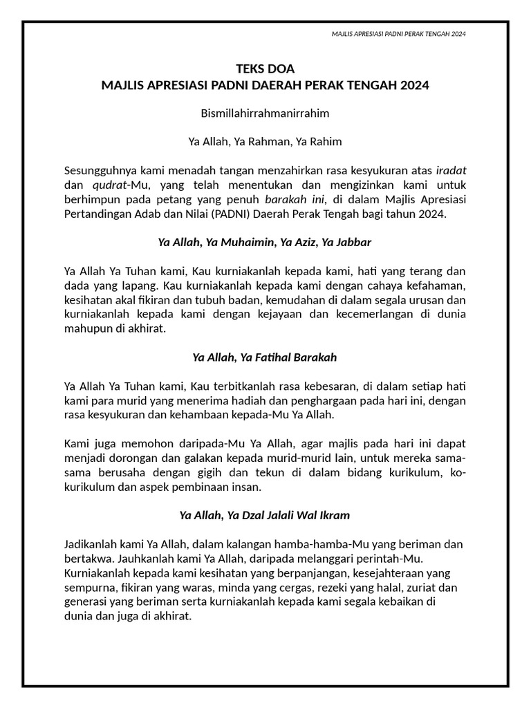 Teks Doa Majlis Apresiasi Padni 2024 | PDF