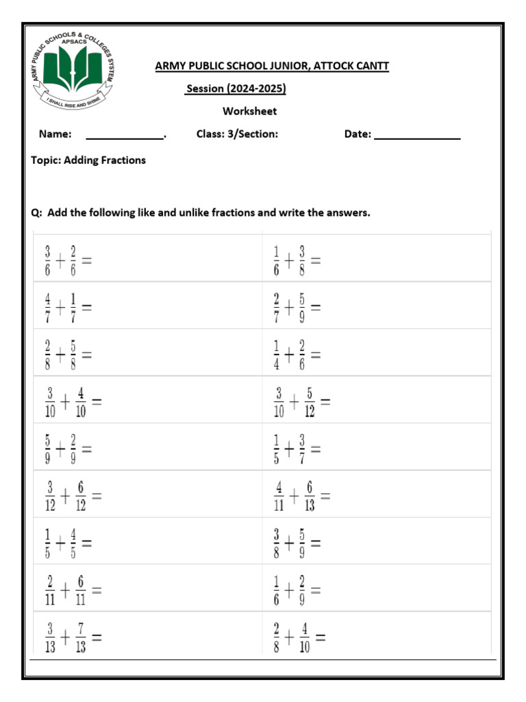Adding Fractions Worksheet Class3 | PDF
