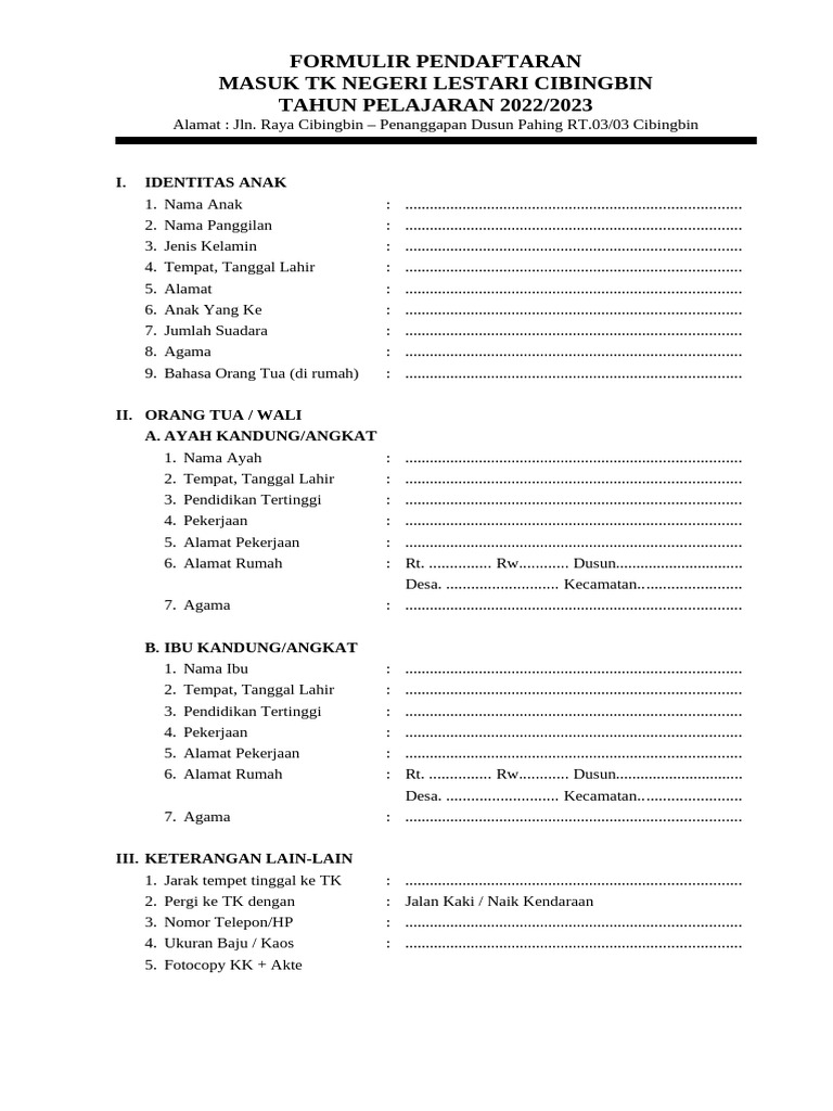 Formulir Pendaftaran TK | PDF