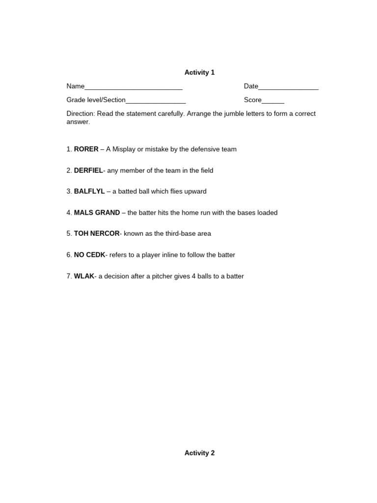 ACTIVITY 1 - Lesson 5 Baseball | PDF | Softball | Pitcher