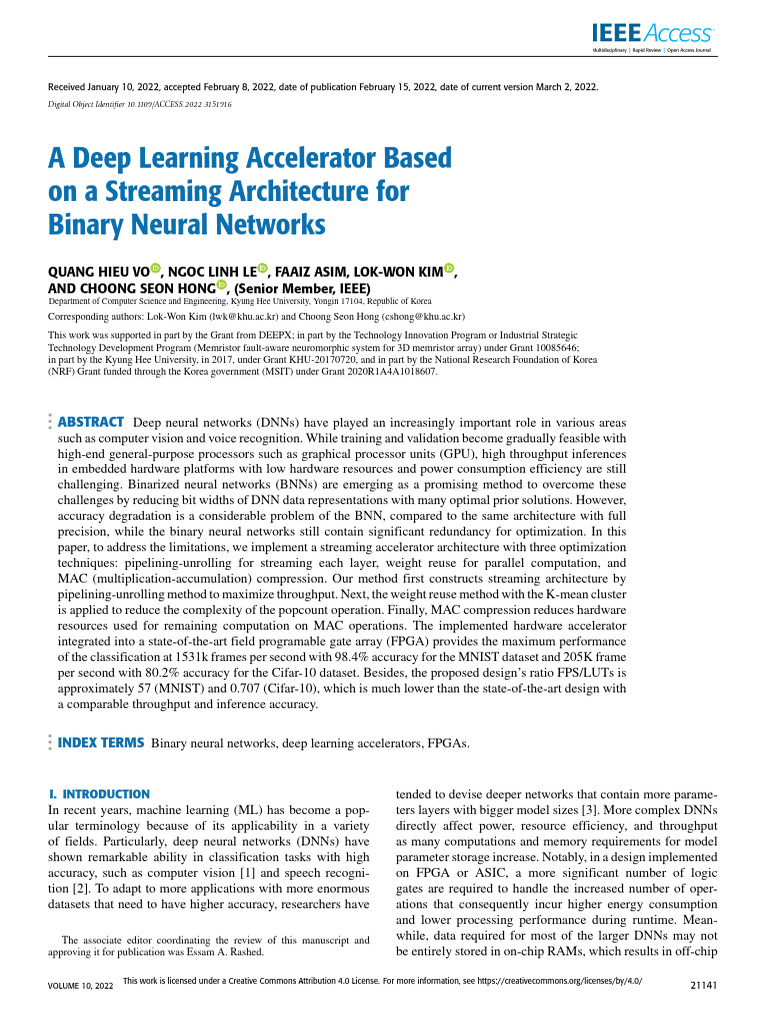 A Deep Learning Accelerator Based on a Streaming Architecture for Binary Neural Networks | PDF ...