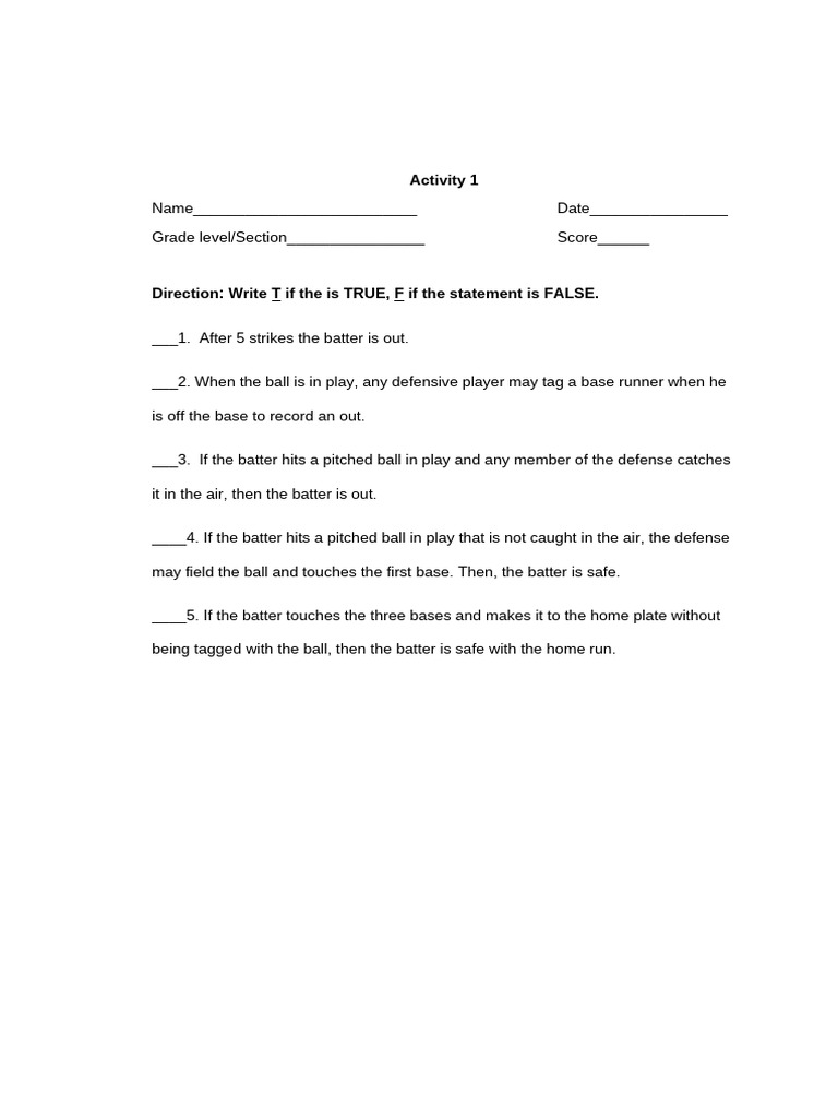 ACTIVITY 3 - Lesson 5 Baseball | PDF | Baseball Field | Batting (Baseball)