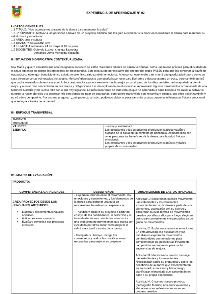 Experiencia de Aprendizaje 2 | PDF | Las emociones | Bailes