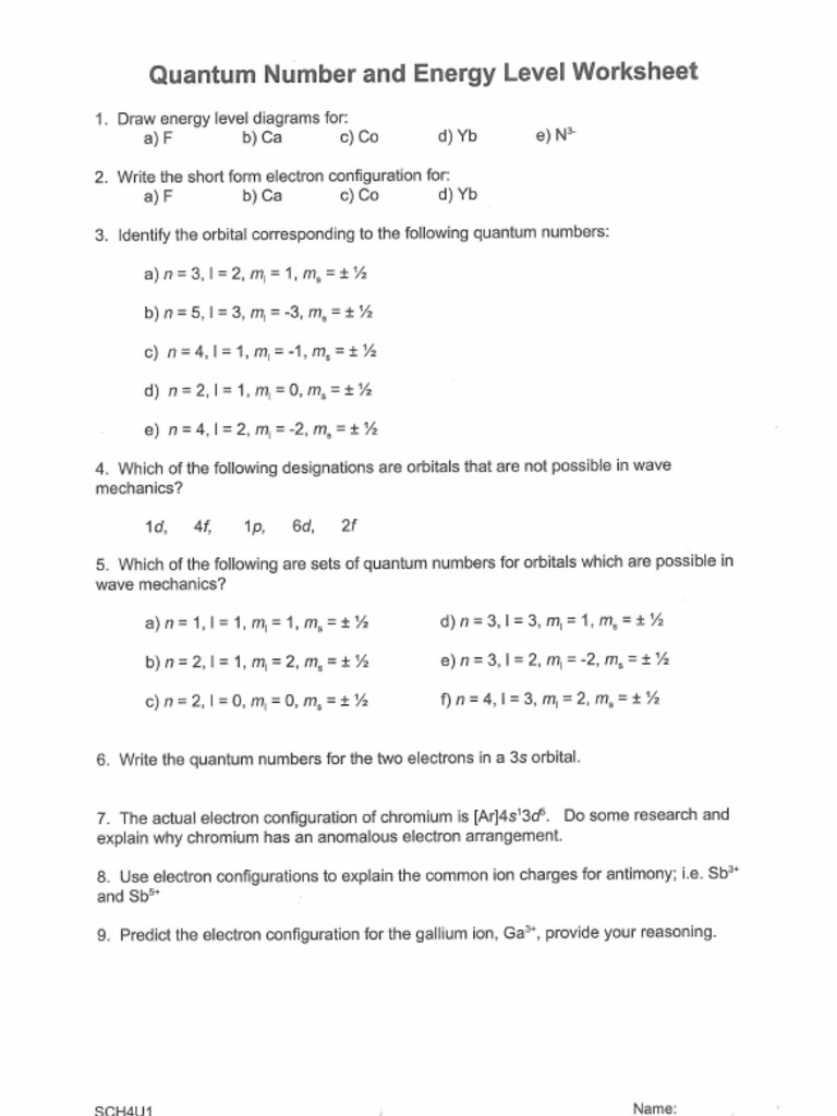 Quantum Number Energy Level Worksheet | PDF