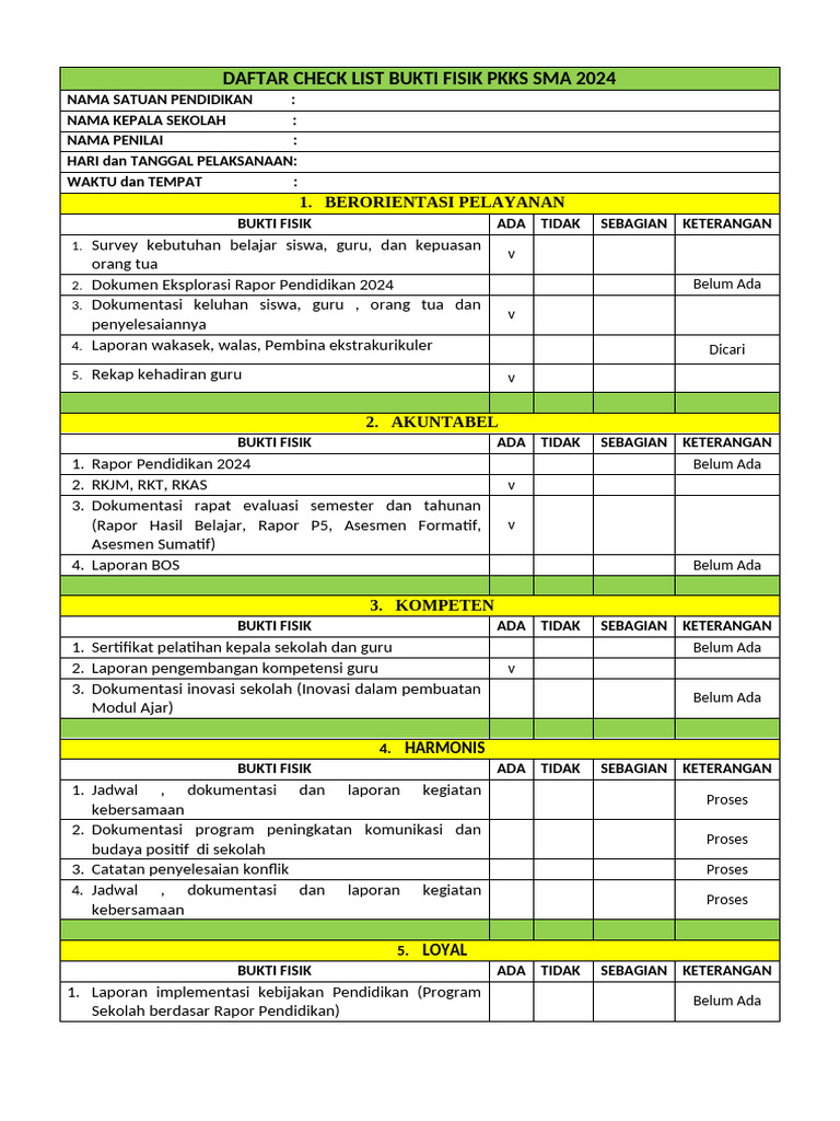 Daftar Check List Bukti Fisik PKKS Smait Irfani 2024 | PDF