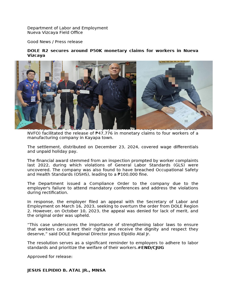 DOLE R02 Awards More Than P40k Worth of Monetary Claims To Workers | PDF