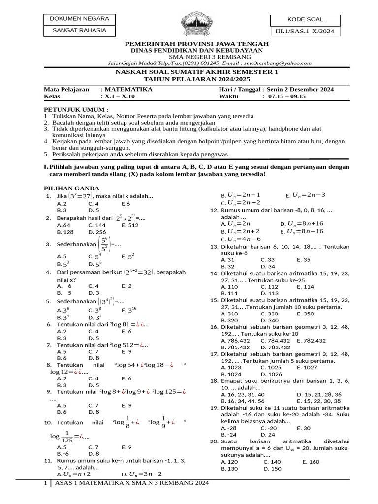 Soal MTK Kelas X | PDF