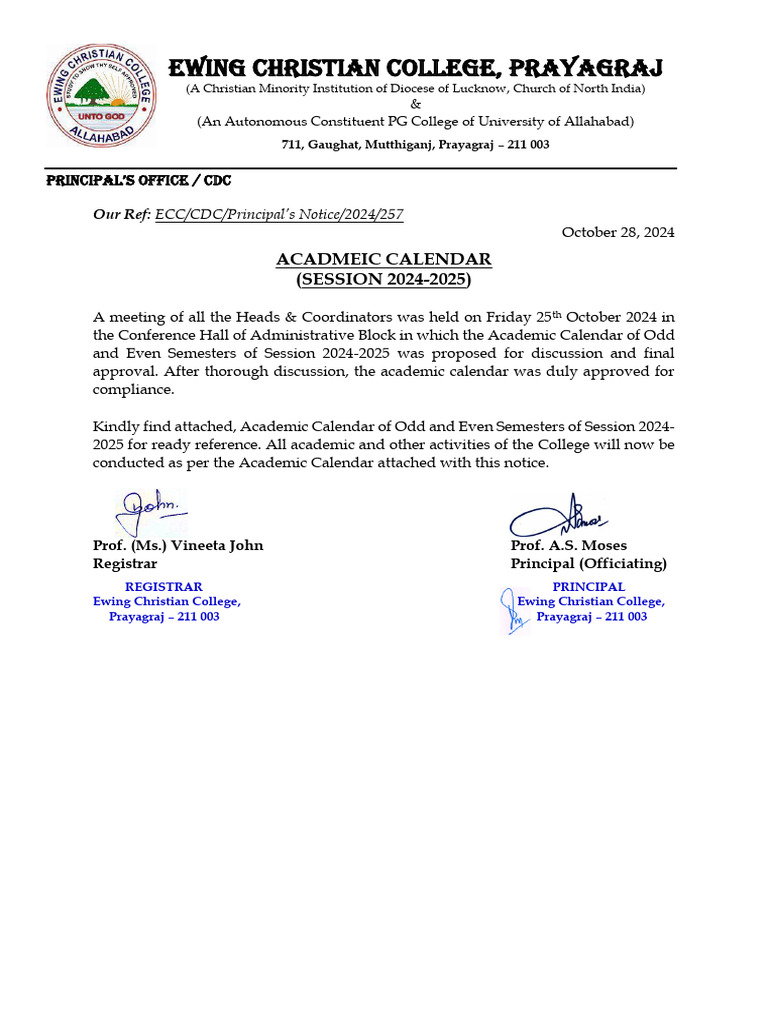 Notice With Academic Calendar 2024-25 - Odd - Even - ZNqEYB | PDF ...