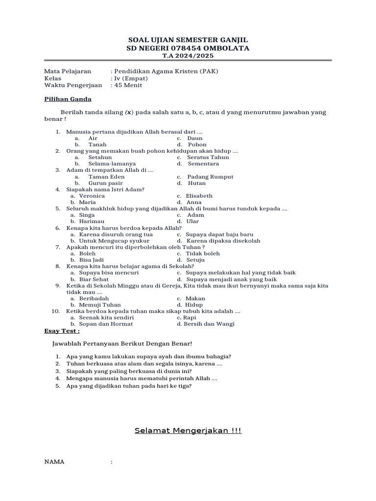 Soal Us Ganjil Agam Kristen Kelas Iv | PDF