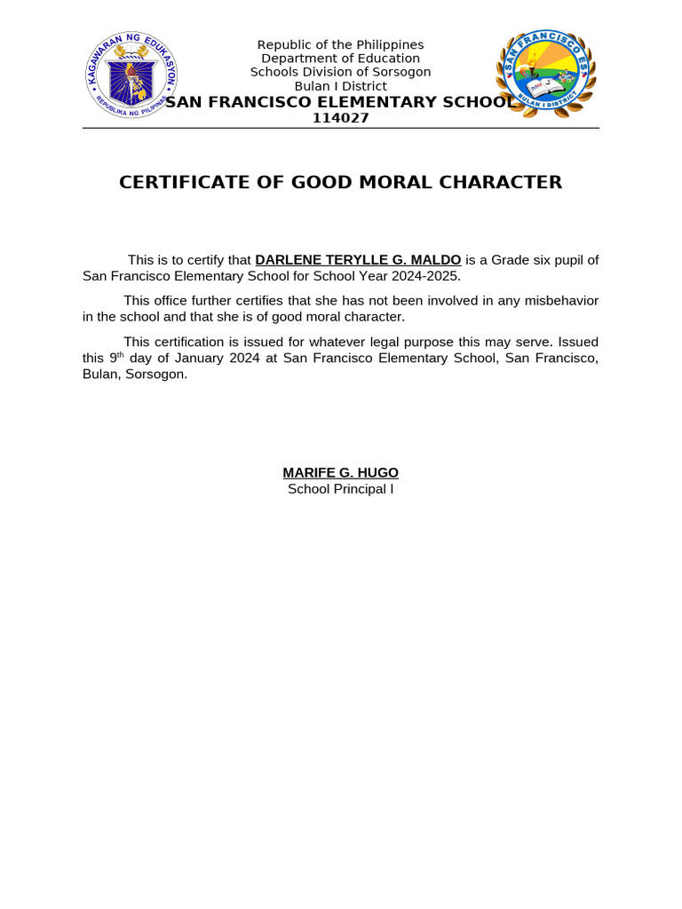 Certificate of Good Moral Character | PDF