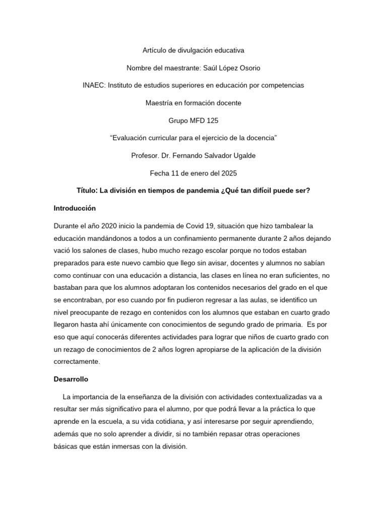 Articulo de Divulgación Educativa Saúl Lopez Osorio | PDF | Enseñando | Aprendizaje