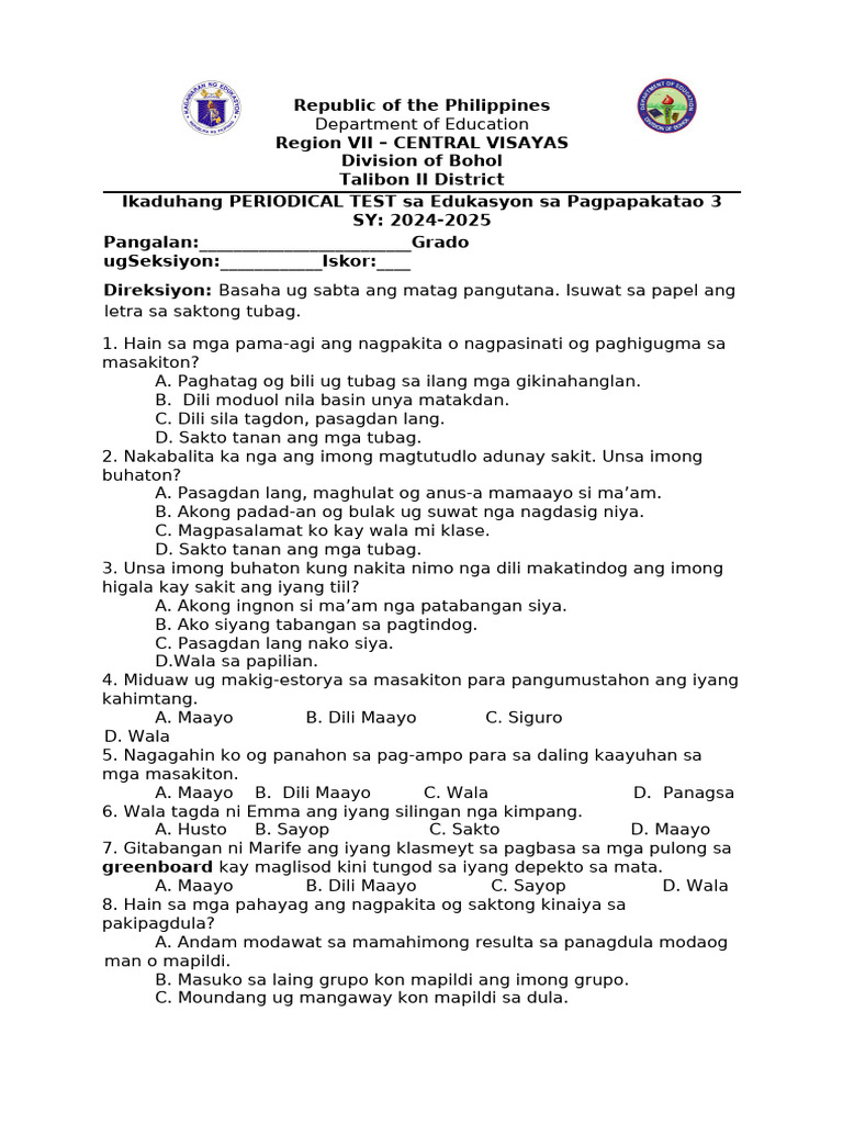 ESP 3 - Second Periodical Test - 2024 2025 | PDF