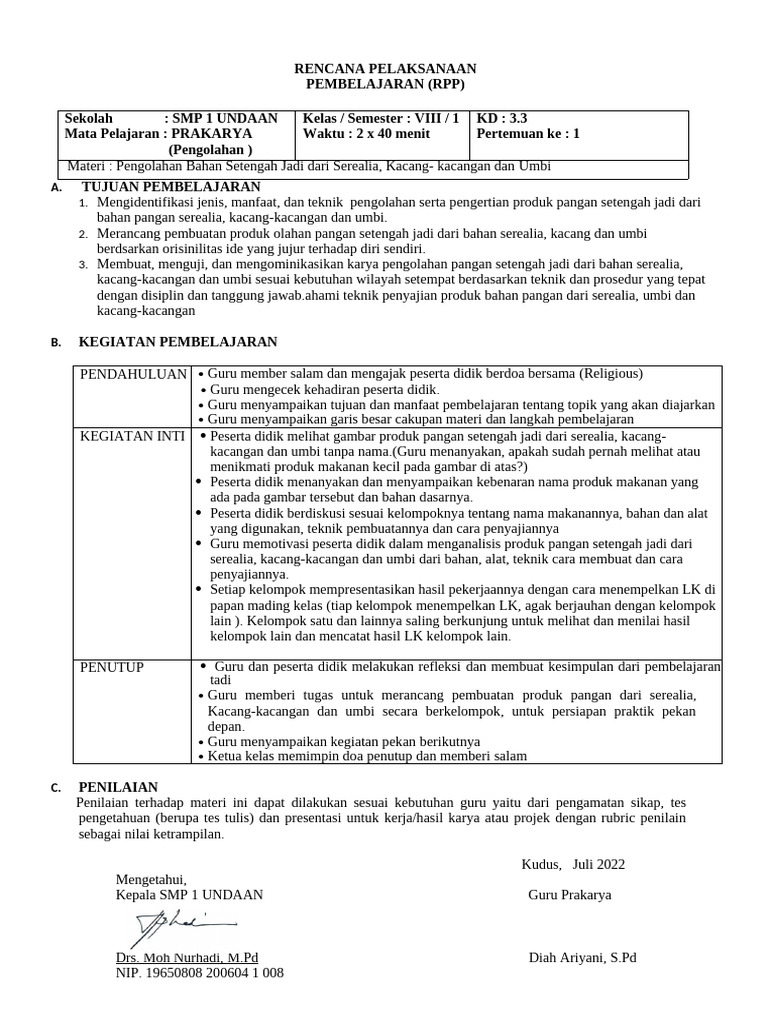 RPP Pengolahan setengan jadi (8 sm 1) | PDF