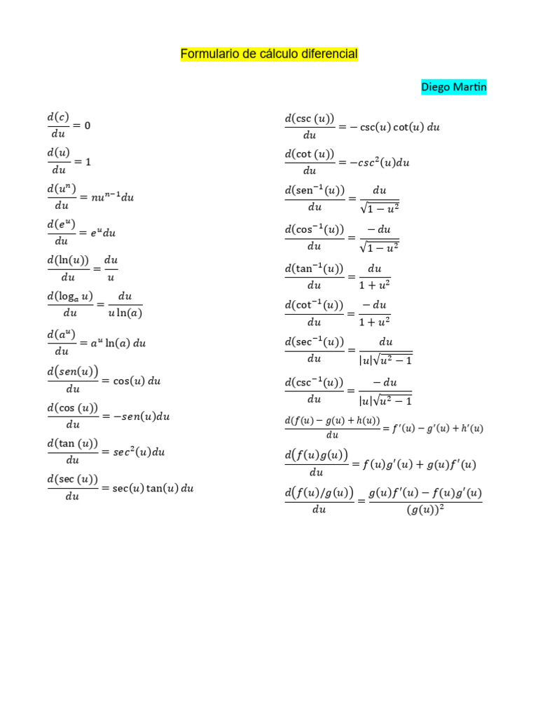 Formulario de Calculo Diferencial e Integral - Diego Martin | PDF | Integral | Cálculo