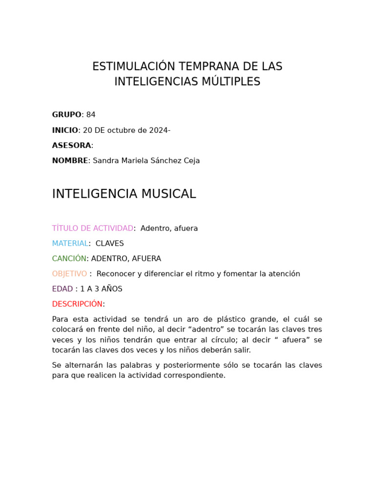 Estimulación Temprana de Las Inteligencias Múltiples Musical | PDF