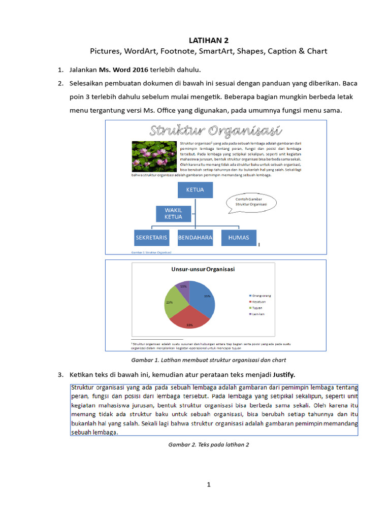 Ms. Office Word 2016 (Latihan 2) - Pictures, Word Art, Smart Art, Shape, Footnote, Caption ...