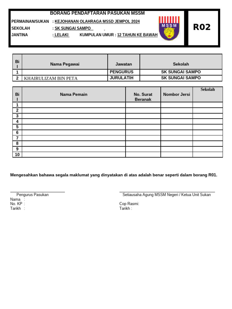 Borang Ro2 Bola Baling Lelaki 12 Tahun Kebawah 2023 | PDF