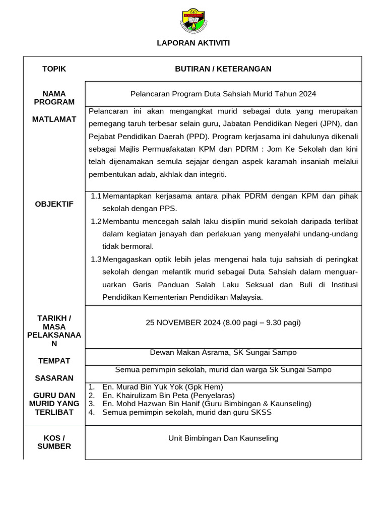 LAPORAN PELUNCURAN PROGRAM DUTA SAHSIAH MURID 2024 | PDF
