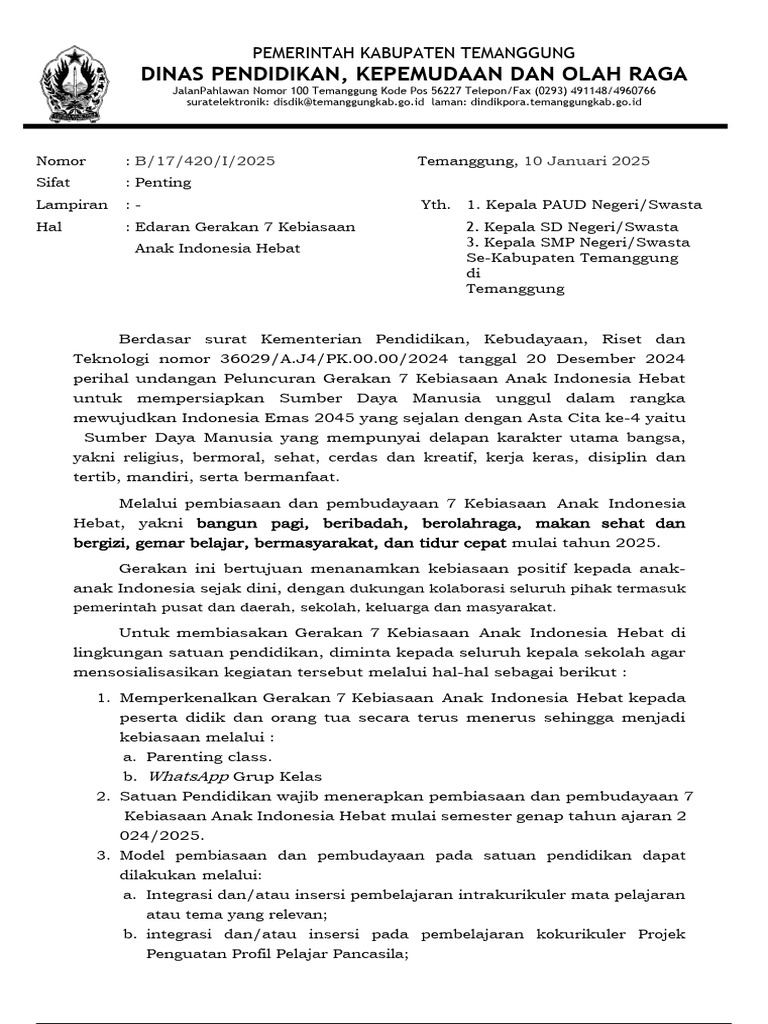 Edaran Penerapan 7 Kebiasaan Anak Indonesia Hebat | PDF
