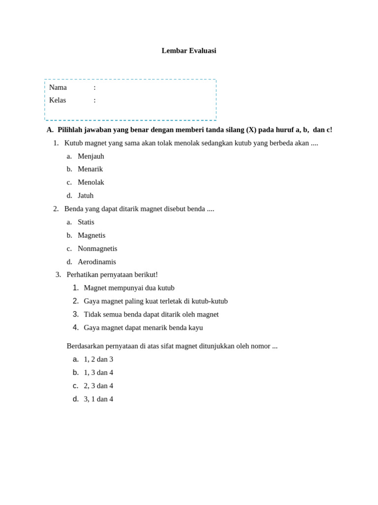 Contoh Lembar Evaluasi siswa | PDF
