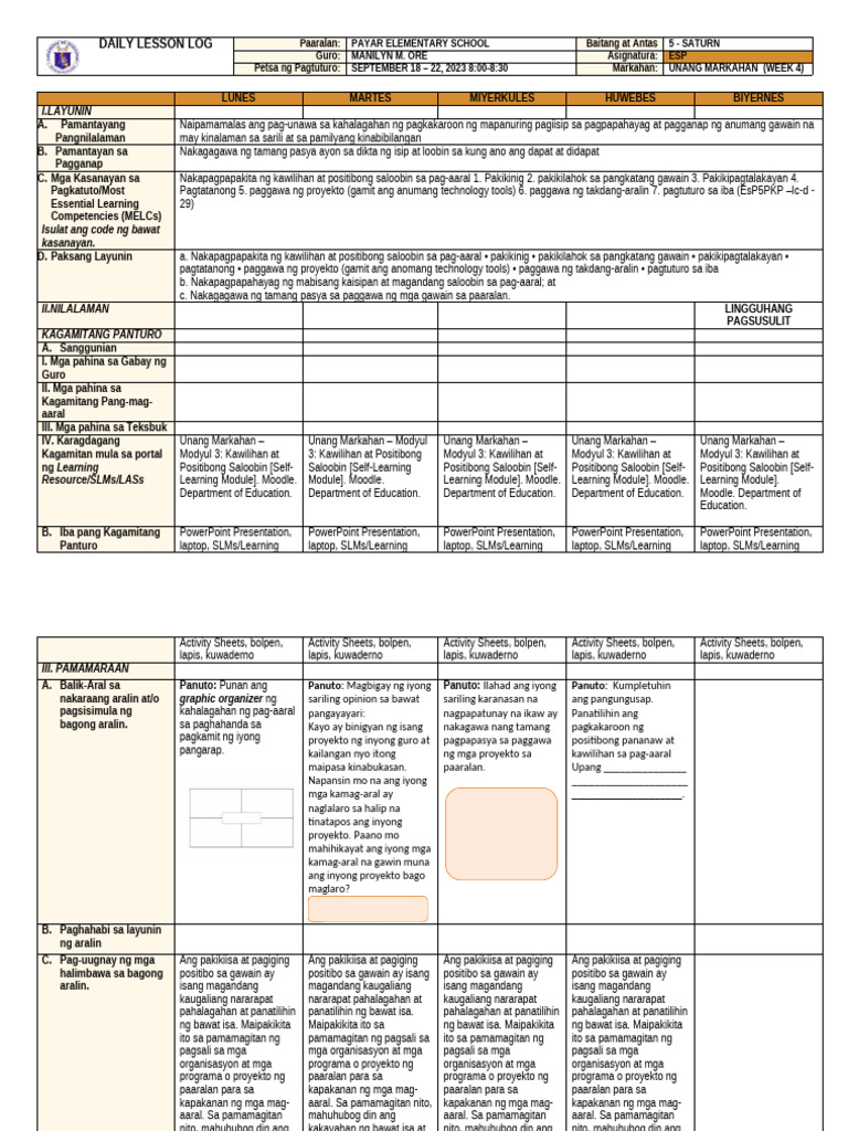 G5 Q1W4 DLL ESP (MELCs) | PDF