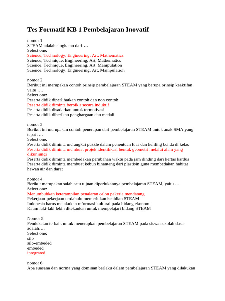 Tes Formatif KB 1 Pembelajaran Inovatif | PDF